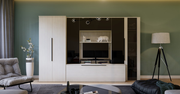 MOBILA LIVING VENUS 3.1M STEJAR ALB CU MDF NEGRU LUCIOS